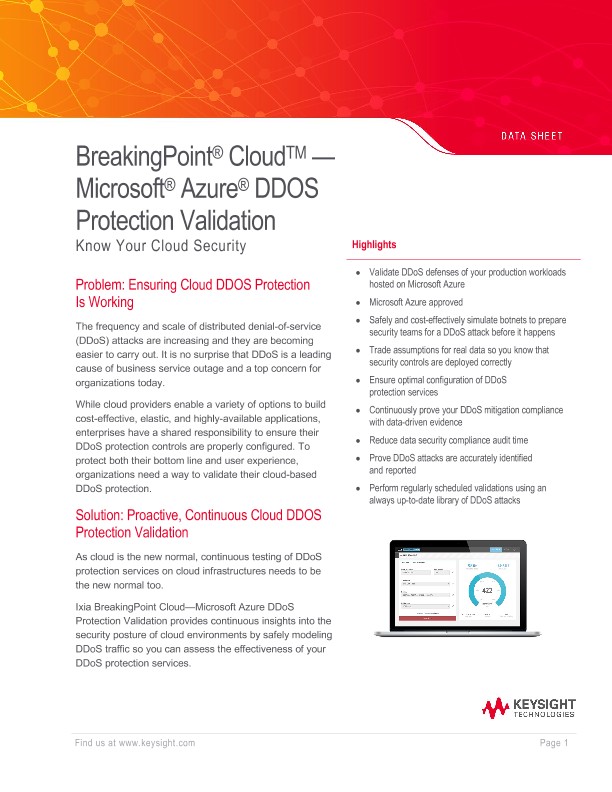 BreakingPoint Cloud—Microsoft Azure DDOS Protection Validation PDF Asset Page | Keysight